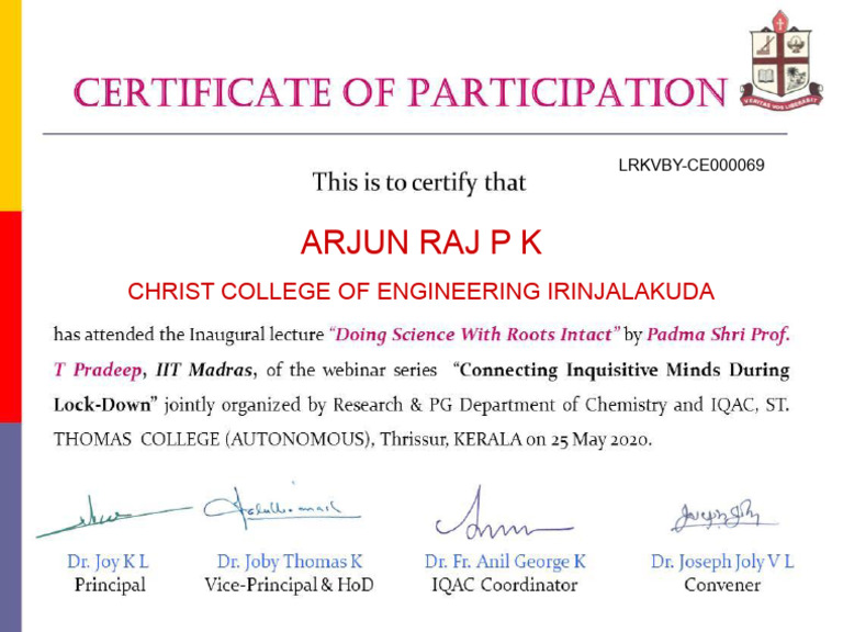 Arjun PK's Certificate from Christ College | PDF