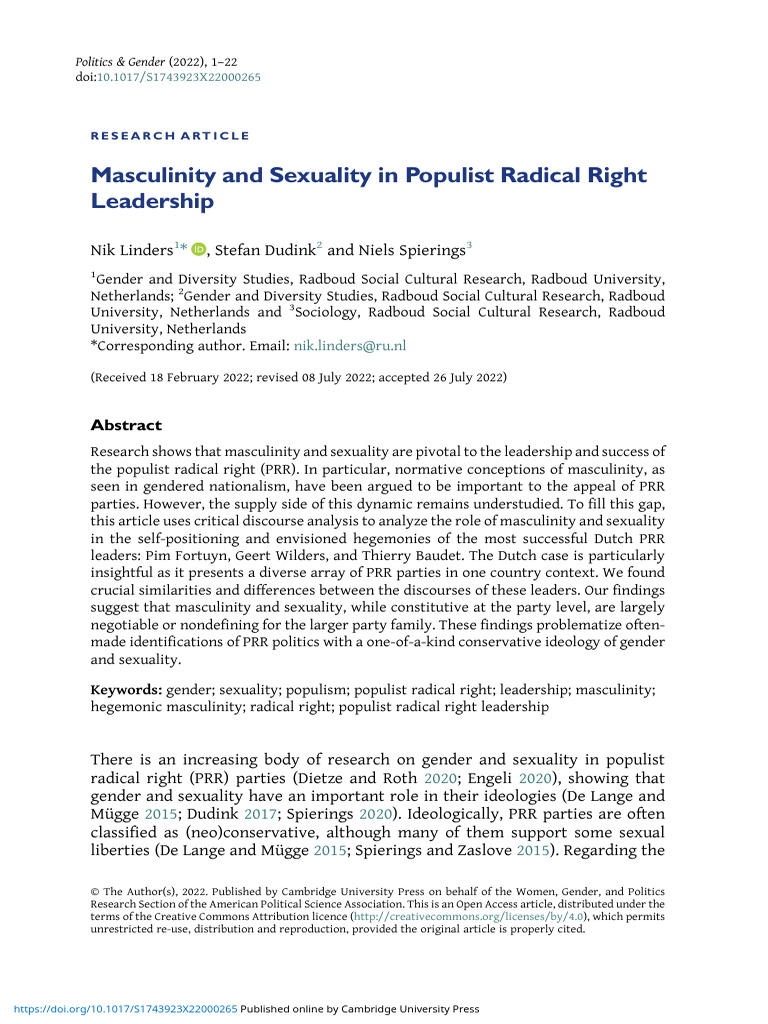 Masculinity and Sexuality in Populist Radical Right Leadership | PDF | Masculinity | Gender