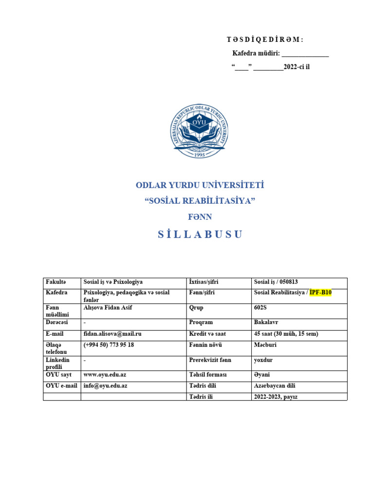 SİLLABUS-Sosial Reabilitasiya | PDF