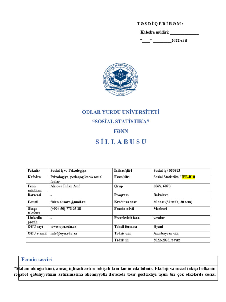 SİLLABUS-Sosial Statistika | PDF