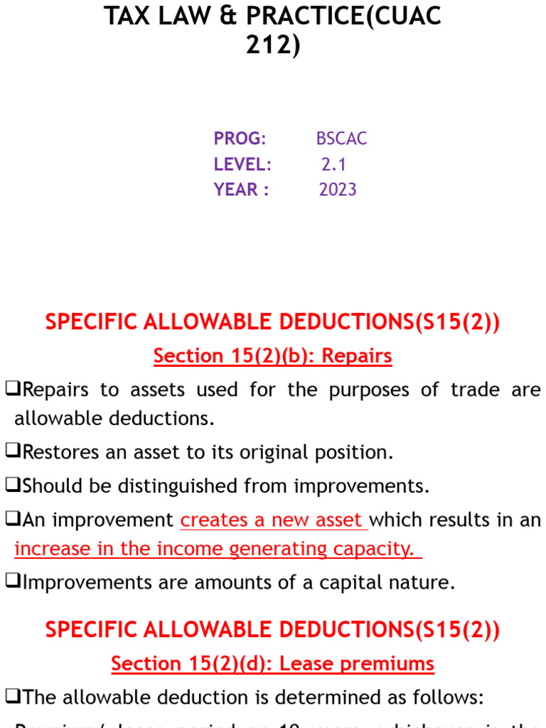 Specific Allowable Deductions Lecture Summary (All) | PDF | Tax Deduction | Expense