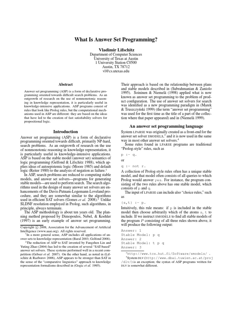 What Is Answer Set Programming Pdf Vertex Graph Theory