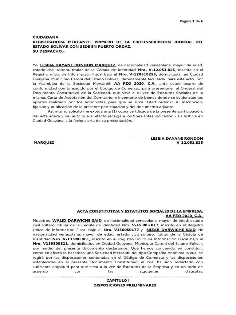 Acta Constitutiva. Aa Pzo 2020, C.A. | PDF | Compartir (Finanzas) | Documento de identidad