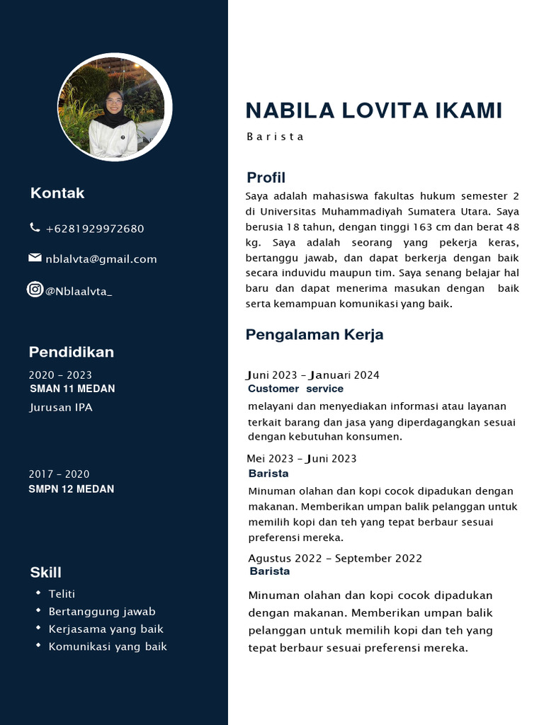Cv Barista Nabila | PDF | Cognitive Science | Cognition
