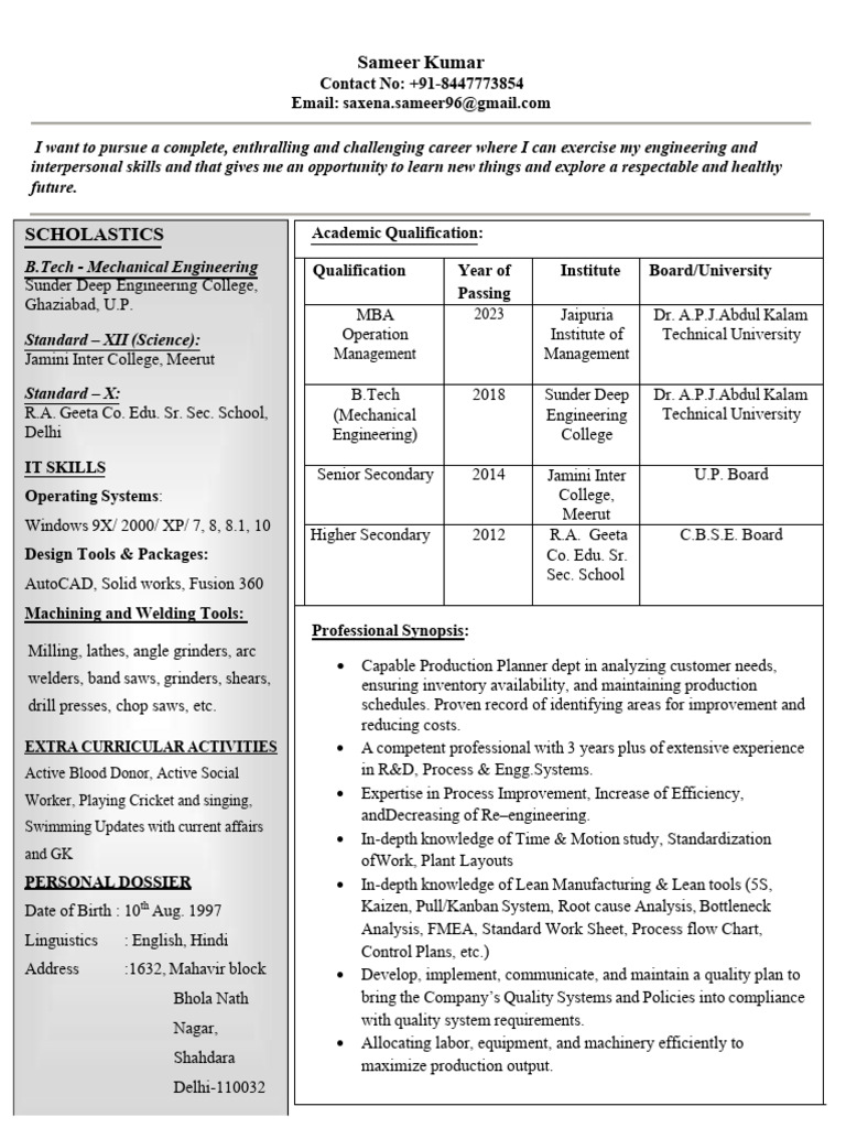 Sameer Aug CV23 | PDF | Iso 9000 | Inventory