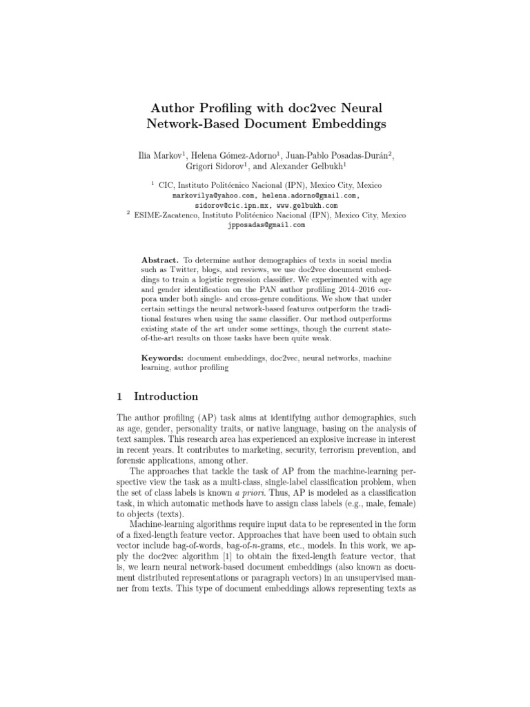 Author Pro Ling With Doc2vec Neural Network-Based Document Embeddings | PDF | Machine Learning ...