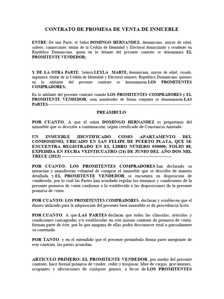 CONTRATO DE PROMESA COMPRAVENTA DE INMUEBLE - Modelo | PDF