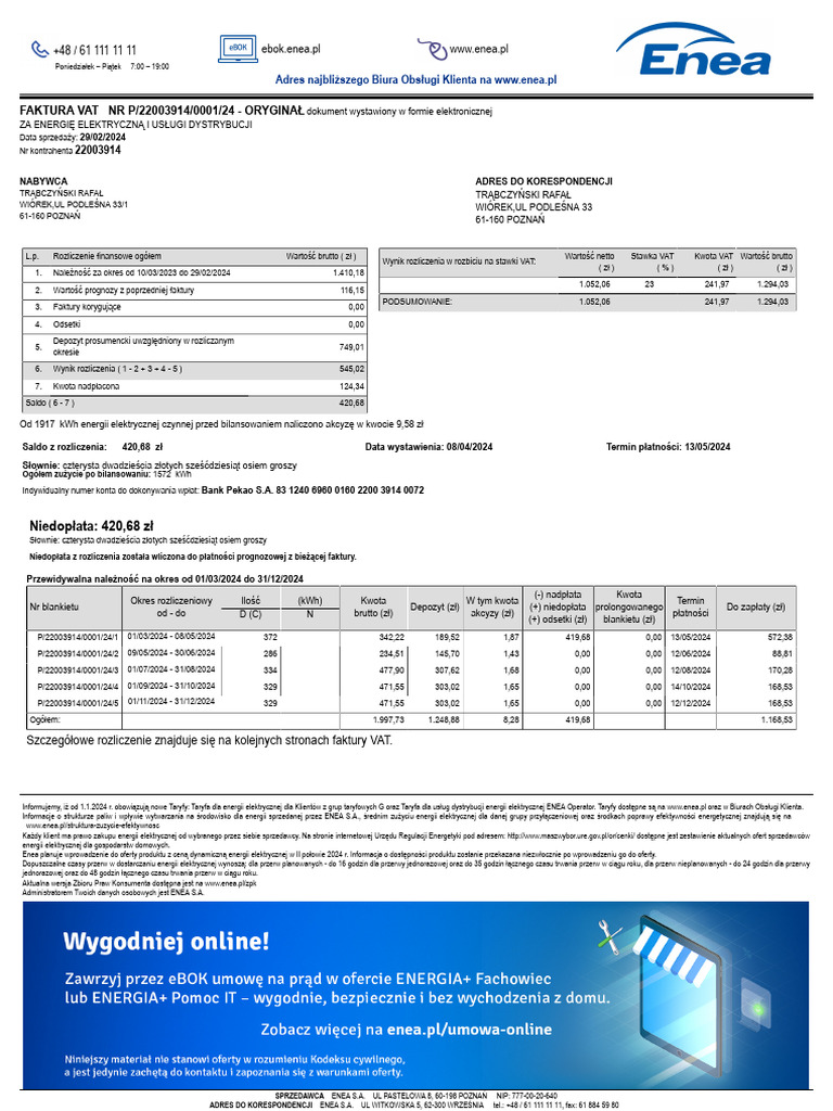 FAKTURA VAT NR P/22003914/0001/24 - ORYGINAŁ: Adres Najbliższego Biura Obsługi Klienta Na WWW ...