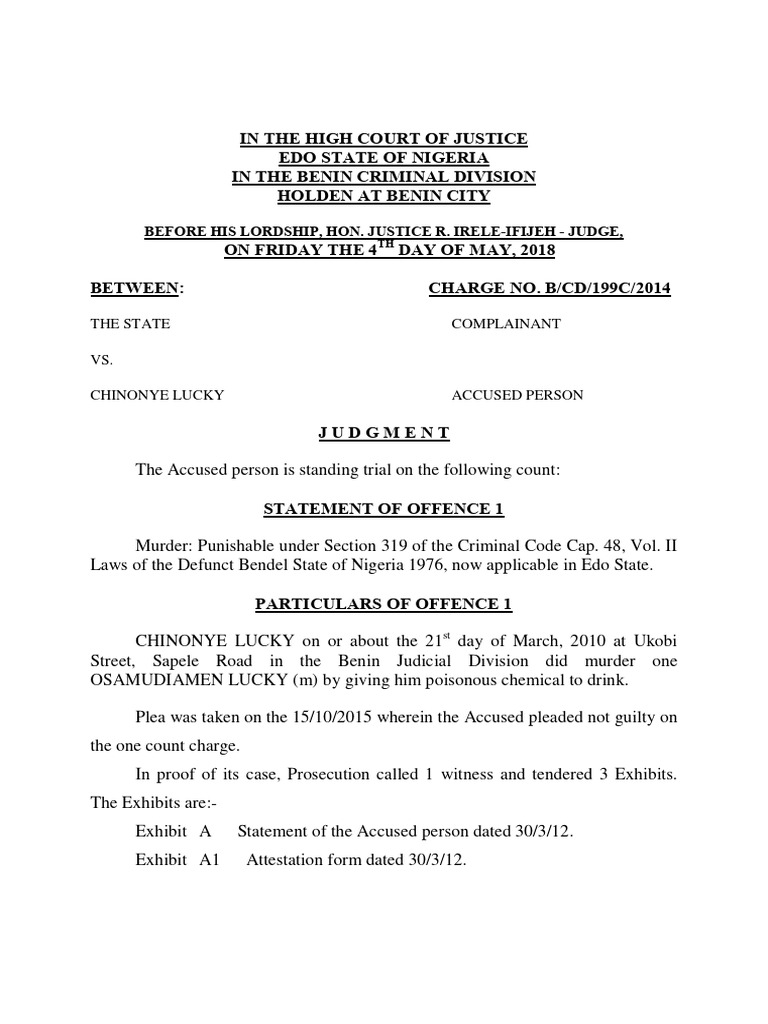 Edo State Murder Case Judgment | PDF | Burden Of Proof (Law) | Evidence ...