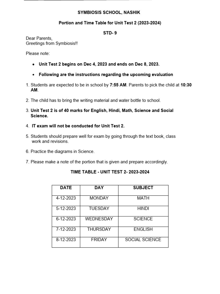 STD 9 - Circular - Unit Test-2 (2023-24) | PDF | Foreign Language Studies