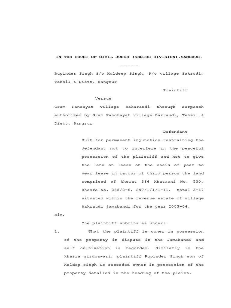 Permanent Injunction Suit in Sangrur | PDF | Lawsuit | Injunction