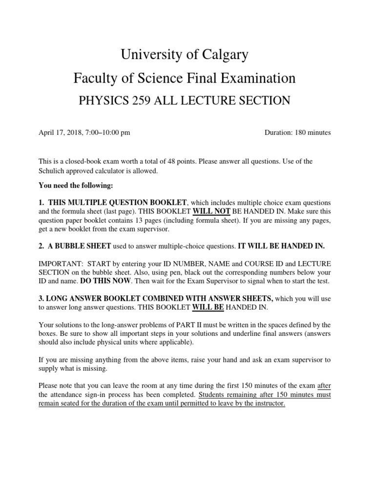 W2018 PHYS259 Final Booklet I To Print | PDF | Capacitor | Electrical ...