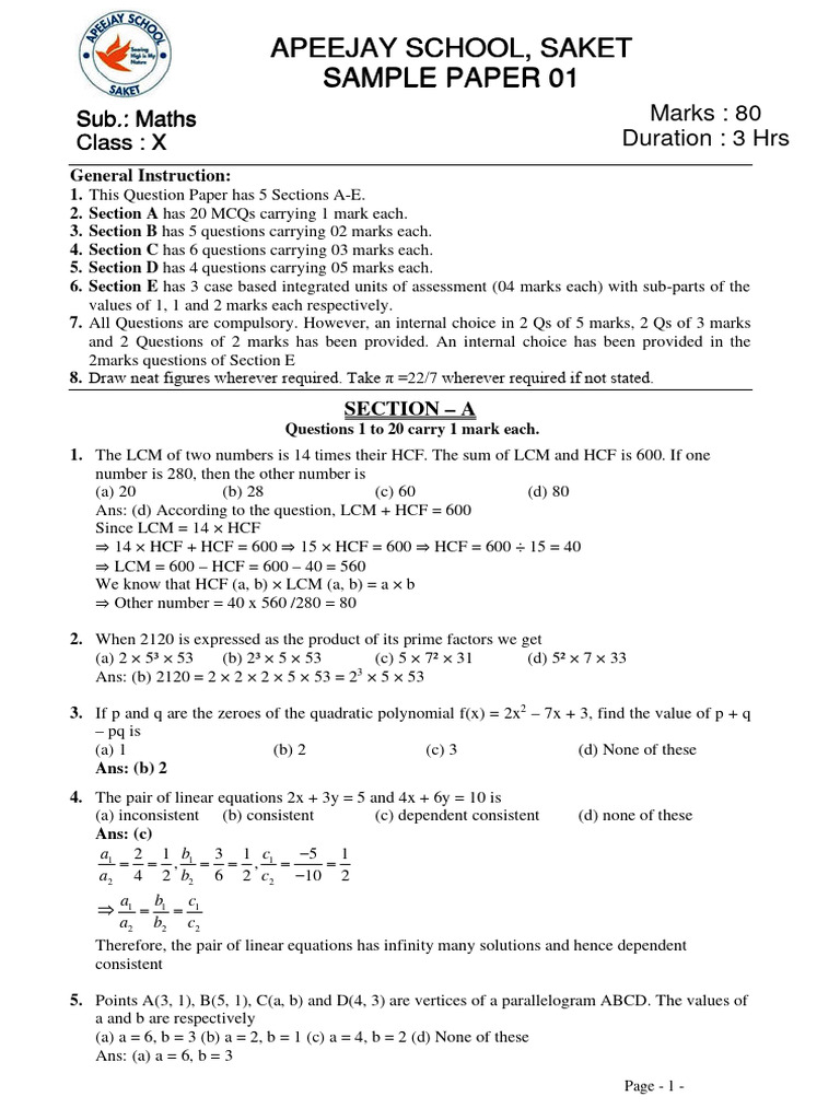 Class X Maths Sample Paper 01 | PDF | Circle | Odds