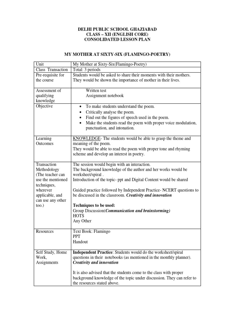 My Mother at Sixty Six Lesson Plan | PDF | Learning | Lesson Plan