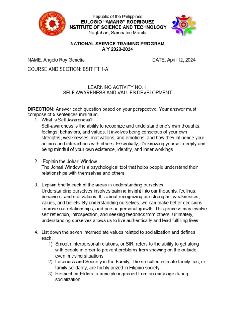 NSTP Learing Activity 1 Self Awareness Ay 2023 2024 | PDF | Self ...