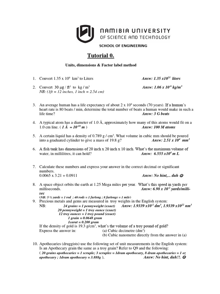 Tutorial 0 | PDF | Litre | Troy Weight