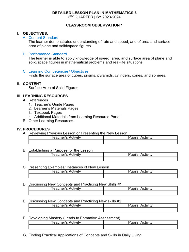 DETAILED LESSON PLAN IN MATHEMATICS 6_CO 1 | PDF | Teachers | Learning