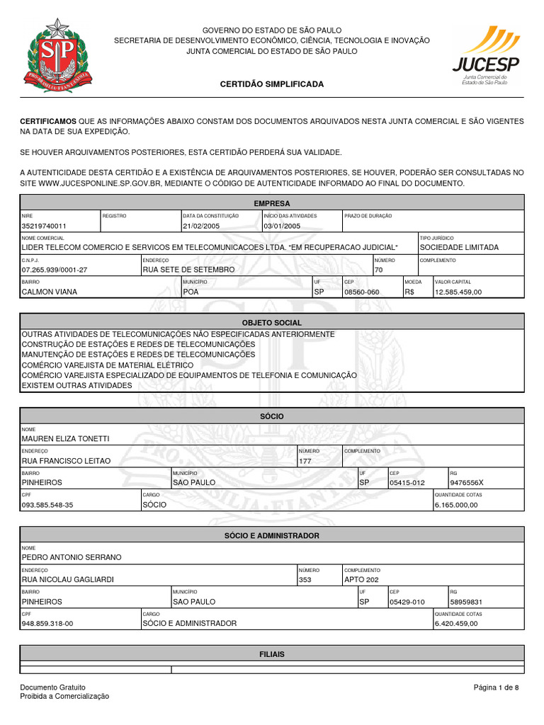 Certidão Simplificada JUCESP - Lider | PDF | Brasil