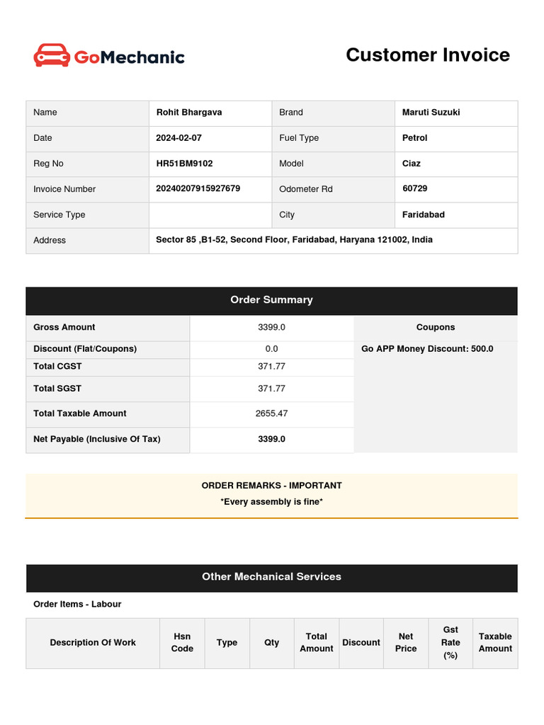 GoMechanic Bill | PDF | Clutch | Automotive Industry