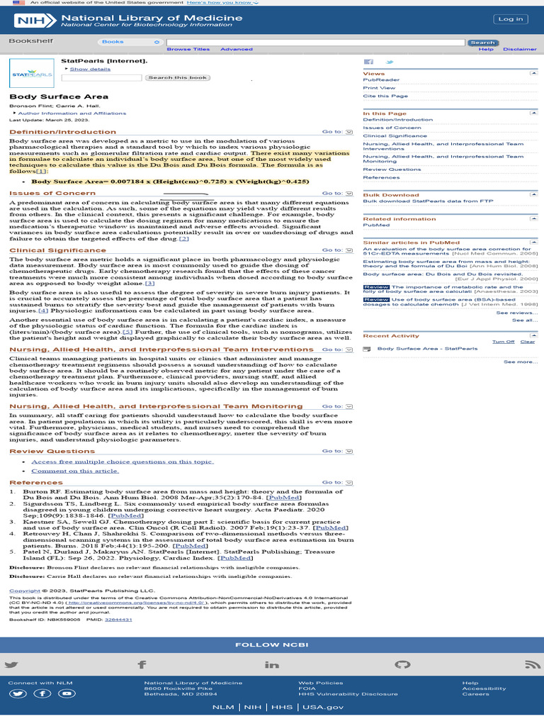 Body Surface Area - StatPearls - NCBI Bookshelf | PDF | Nursing | Chemotherapy