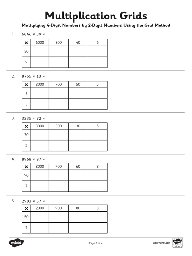 Multiply 4-Digit by 2-Digit: Grid Method | PDF | Multiplication | Mathematics