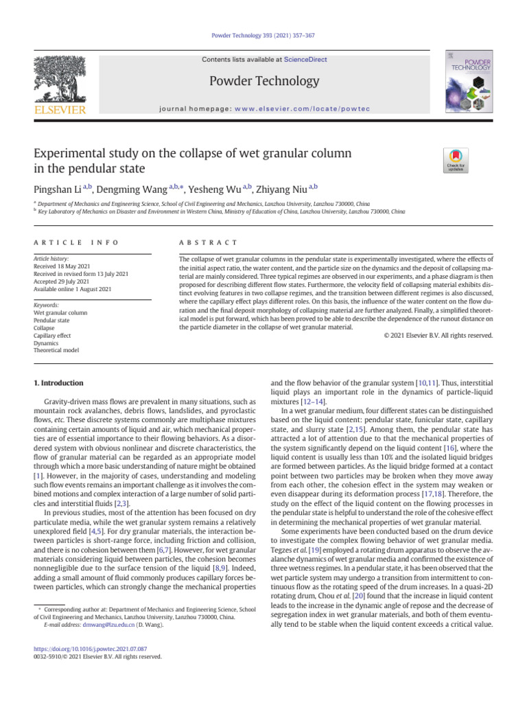 Li Et Al. (2021) - Experimental Study On The Collapse of Wet Granular Column in The Pendular ...