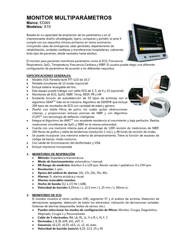 Monitor de 5 Parámetros Edan X10 | PDF | Presión sanguínea | Electrocardiografia