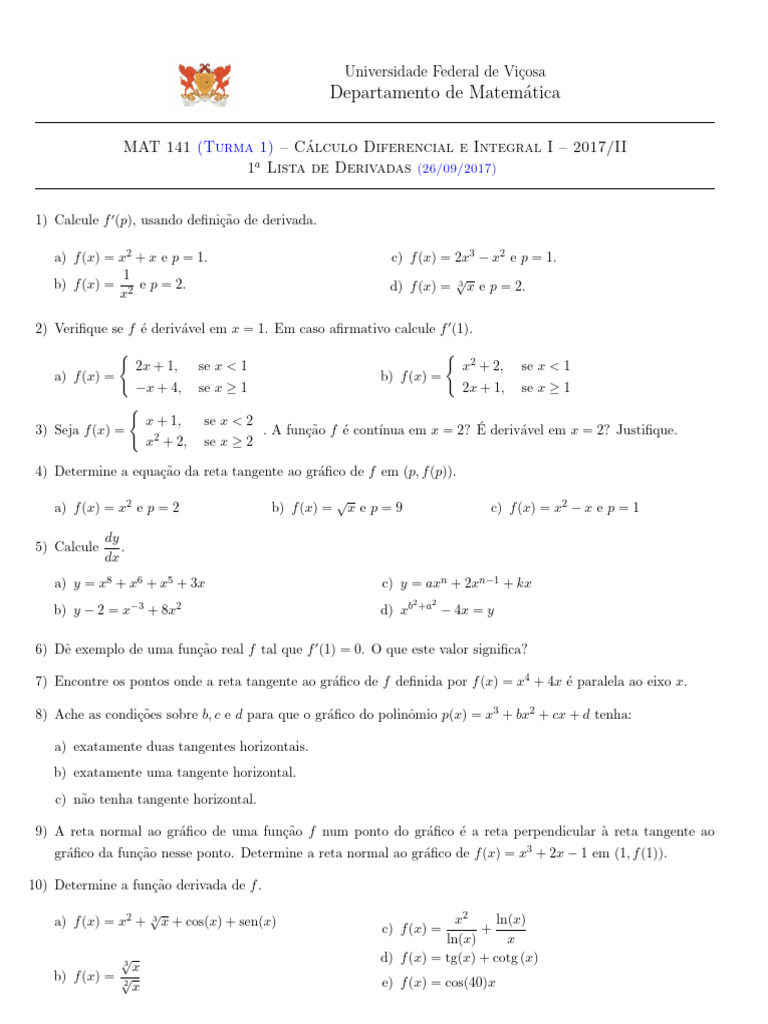 Lista P2 - MAT 141 - 2018-II | PDF | Derivado | Cálculo
