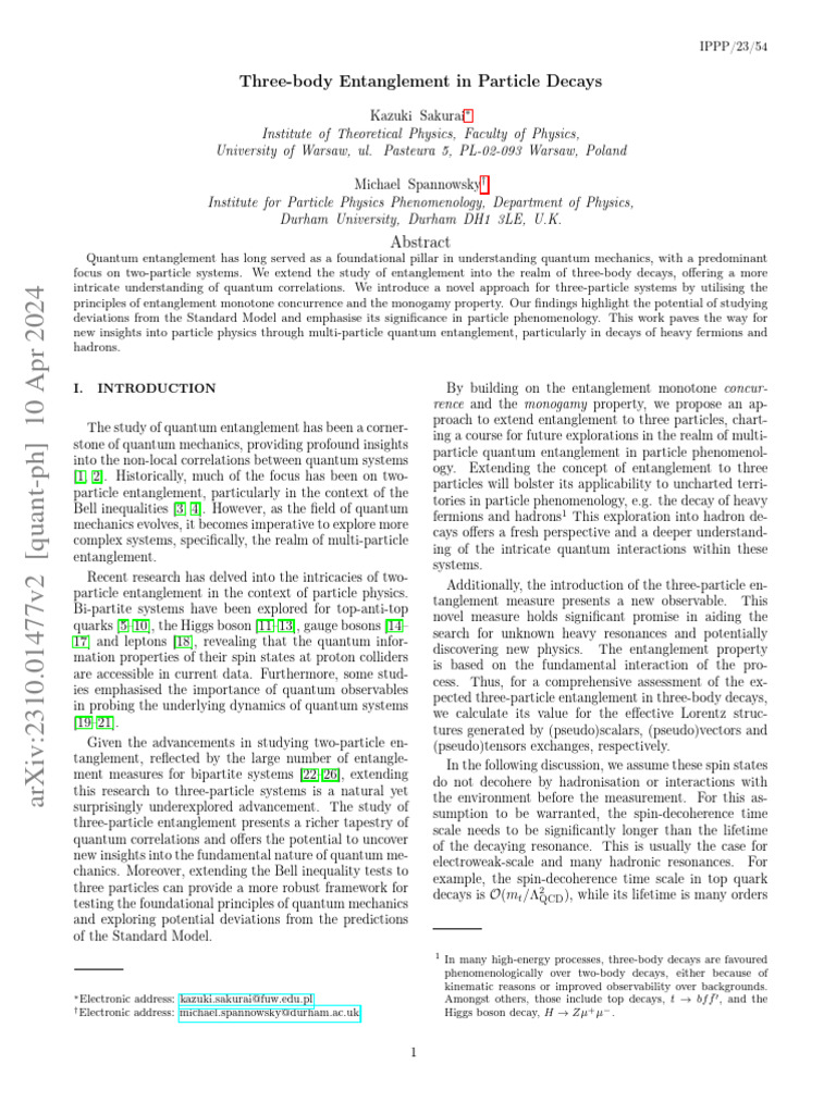 Three-Body Entanglement in Particle Decays | PDF | Particle Physics | Quantum Entanglement