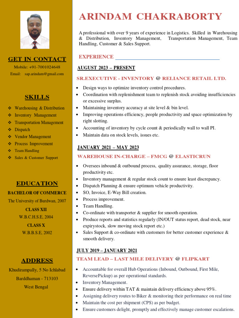 Arindam - 9 Years - Logistics | PDF | Warehouse | Inventory Arindam - 9 Years - Logistics | PDF | Warehouse | Inventory