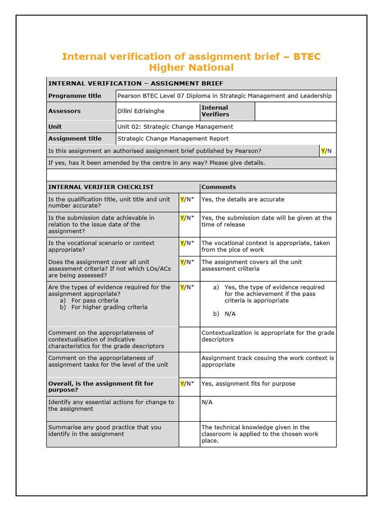 Internal Verification of Assignment Brief - BTEC Higher National | PDF ...