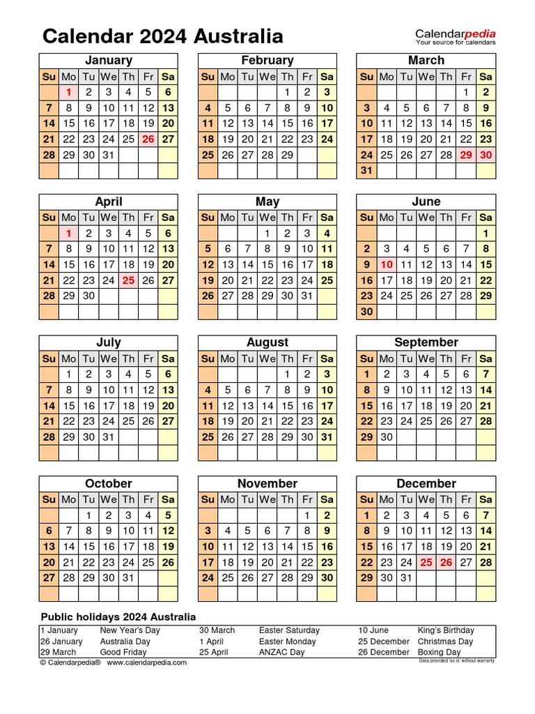 Calendar 2024 Australia Portrait Year at A Glance Sunday Start | PDF ...