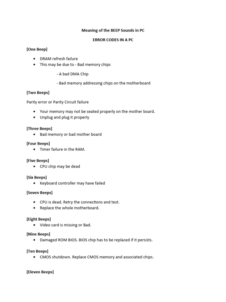 PC BEEP Codes and Their Meanings | PDF