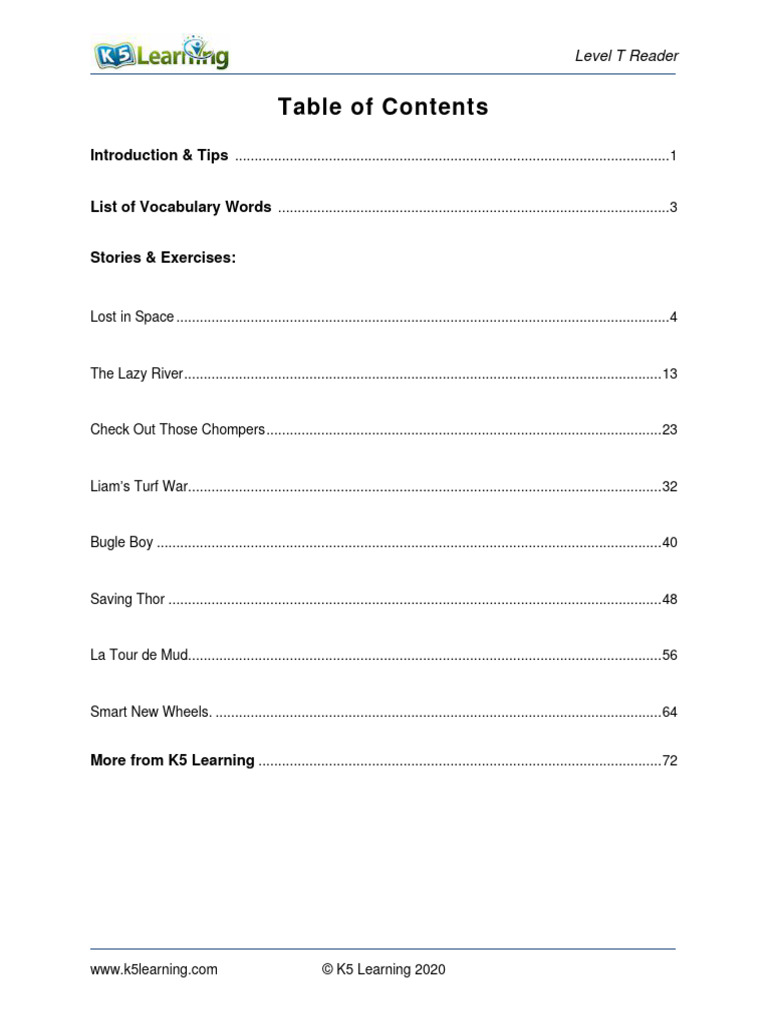k5 Learning Reader Level T Toc | PDF