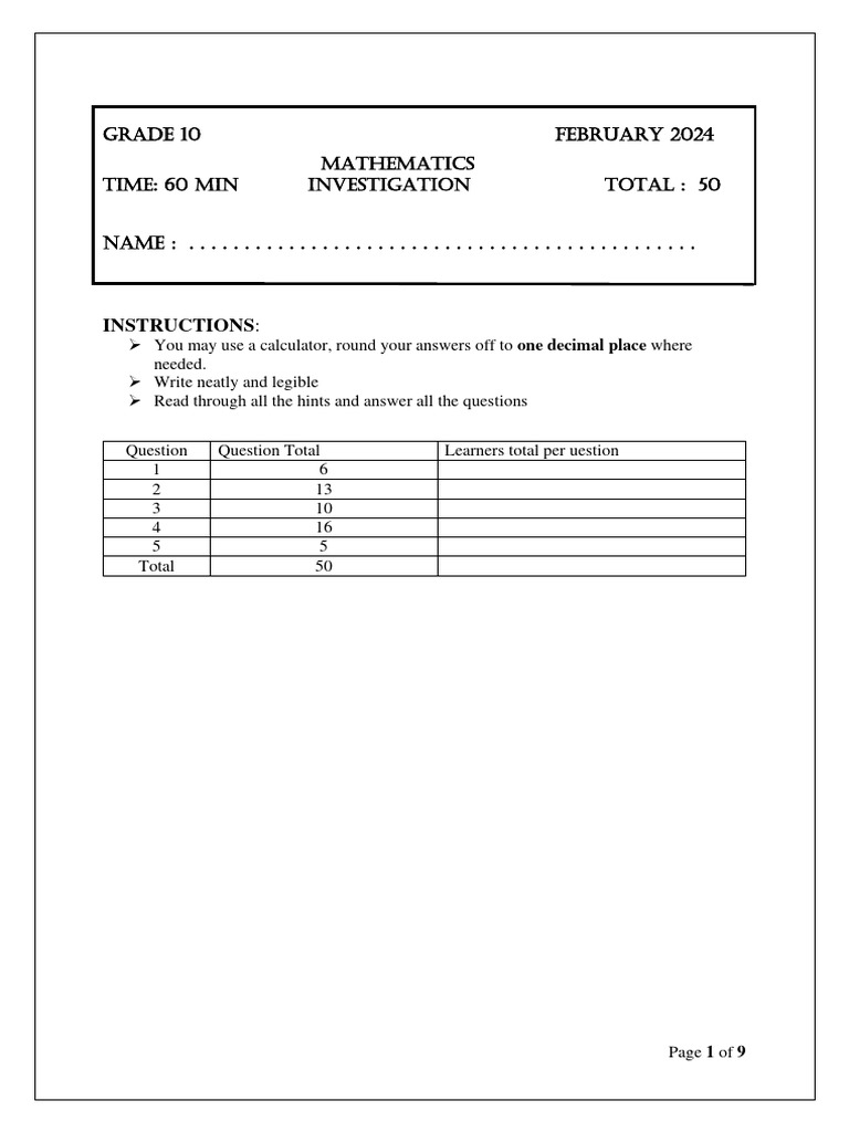 Grade 10 Investigation Trig 2024 | PDF | Triangle | Geometry