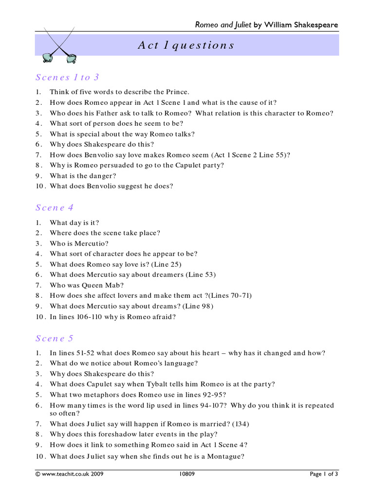 Romeo and Juliet Act 1-3 Questions Wksheet | PDF | Characters In Romeo ...
