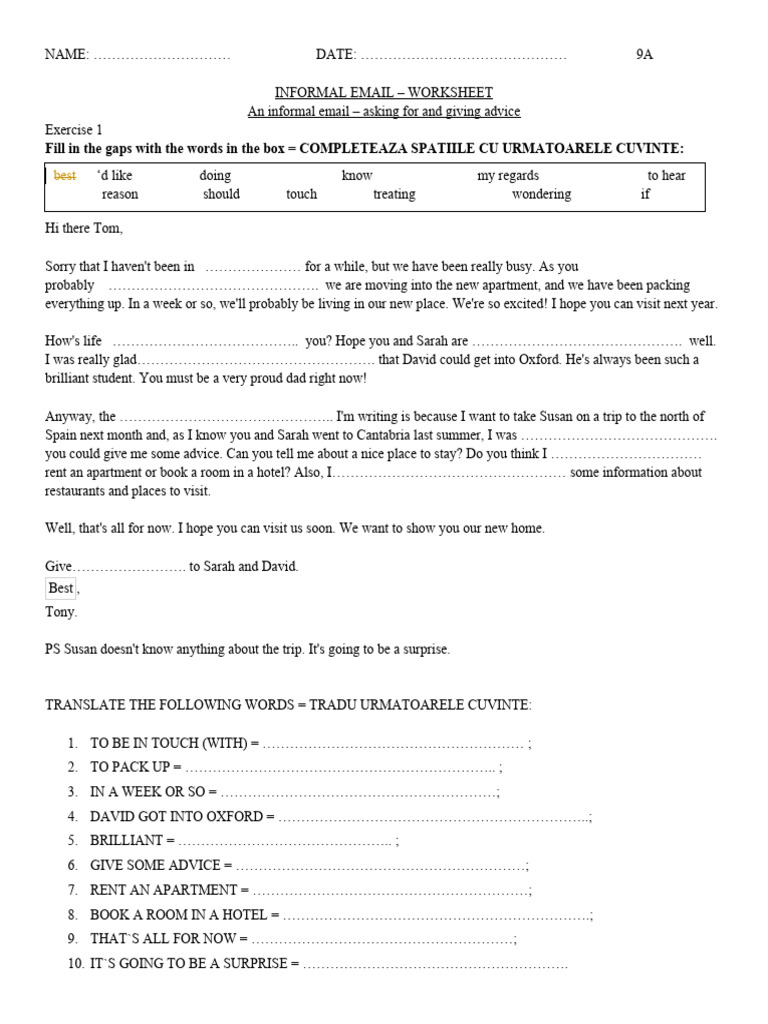 Informal Email Worksheet Fill in The Gaps | PDF