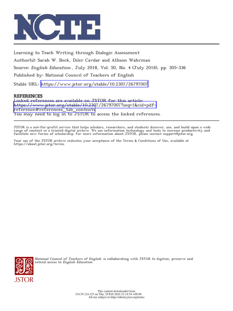Learning To Teach Writing Through Dialogic Assessment | PDF | Teachers | English As A Second Or ...