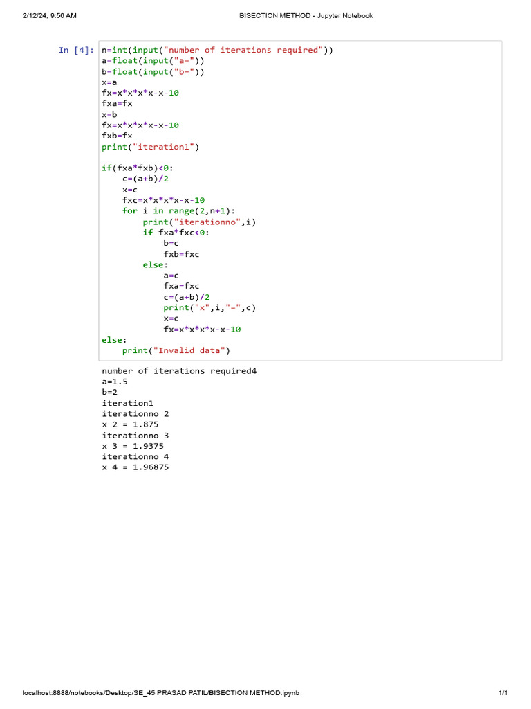 BISECTION METHOD - Jupyter Notebook | PDF