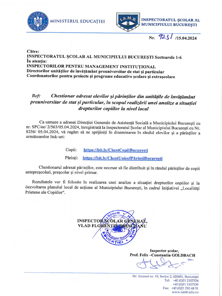 Adresa ISMB Nr. 9231 Din 15.04.2024 - Chestionar Pentru Elevi Si Parinti | PDF