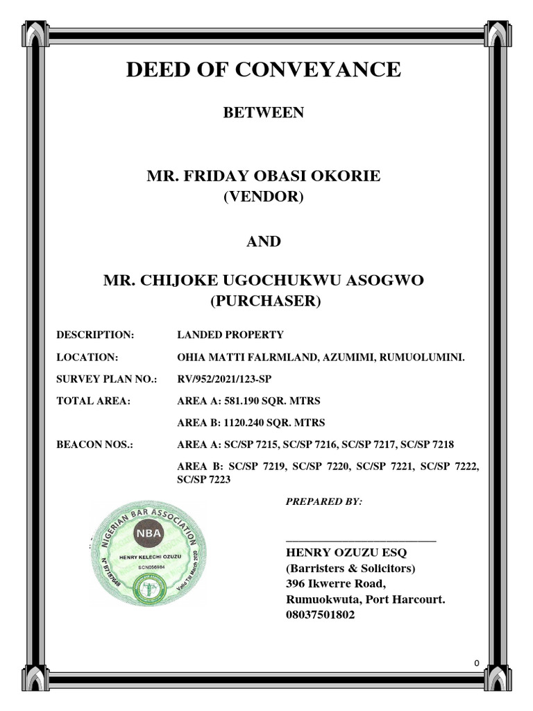 Deed of Conveyance Friday Obasi Okorie | PDF | Covenant (Law) | Indemnity