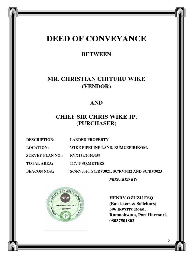 DEED OF CONVEYANCE MRS. OKWUDIRI New | PDF | Deed | Covenant (Law)
