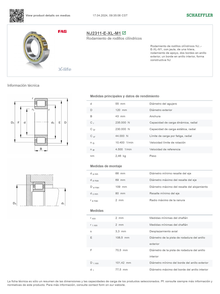 NJ2311-E-XL-M1: Rodamiento de Rodillos Cilíndricos | PDF | Ingeniería mecánica | Máquinas