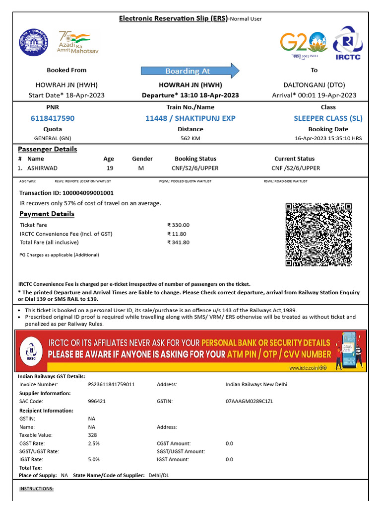 Shaktipunj Exp Sleeper Class (SL) | PDF | Identity Document