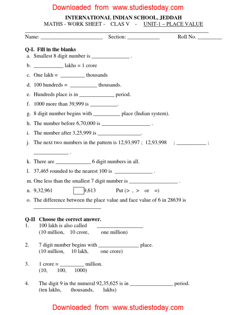 CBSE Class 5 Mathematics Worksheet - Place Value | PDF | Numbers ...
