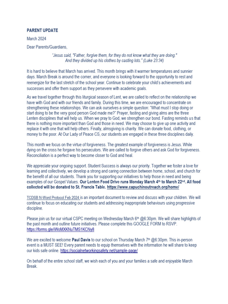 Parent Update March 2024 | PDF | Forgiveness | Lent