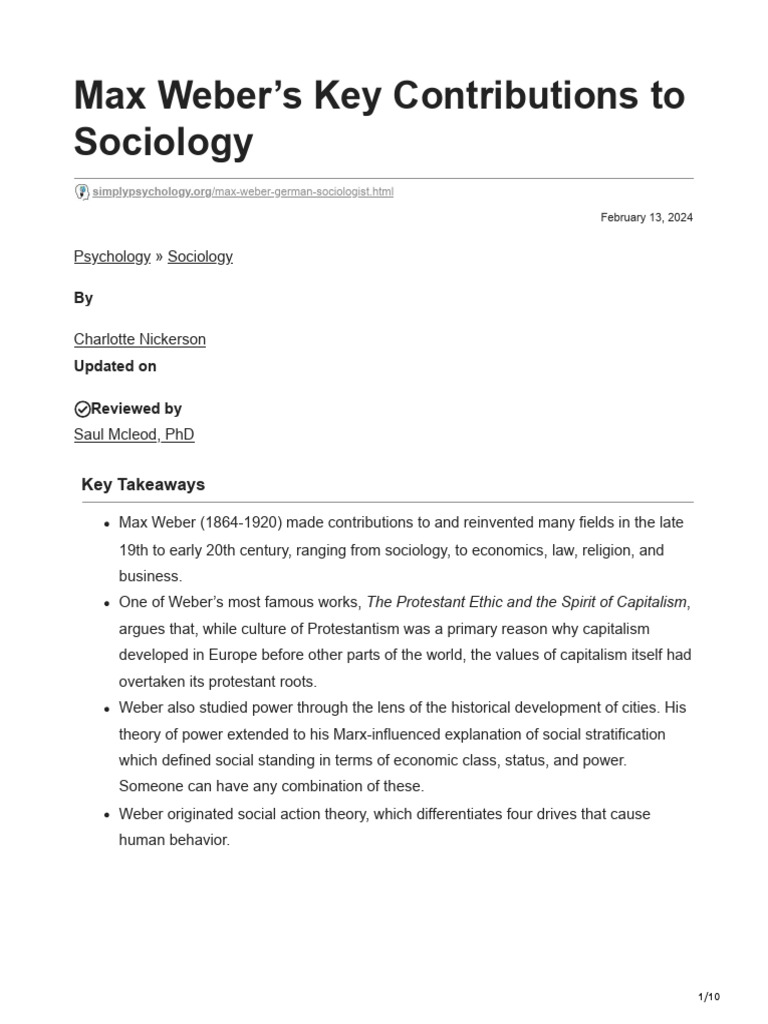 Max Webers Key Contributions To Sociology | PDF | Max Weber | Social ...