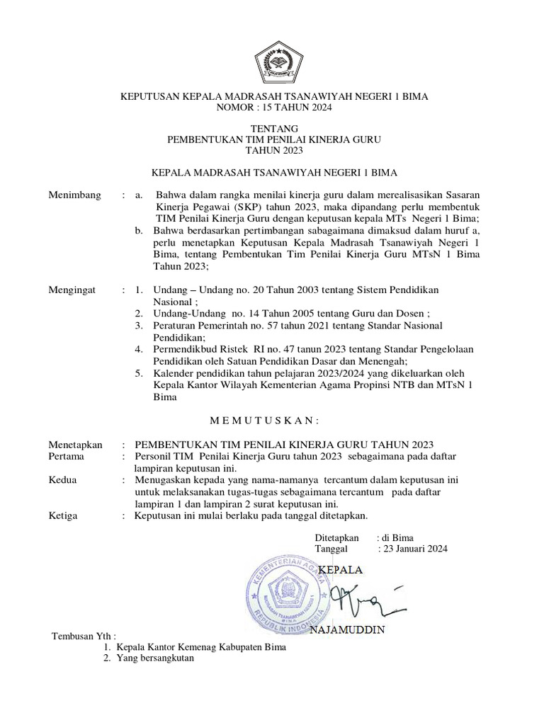 SK Penilai Kinerja Guru Tahun 2023 | PDF