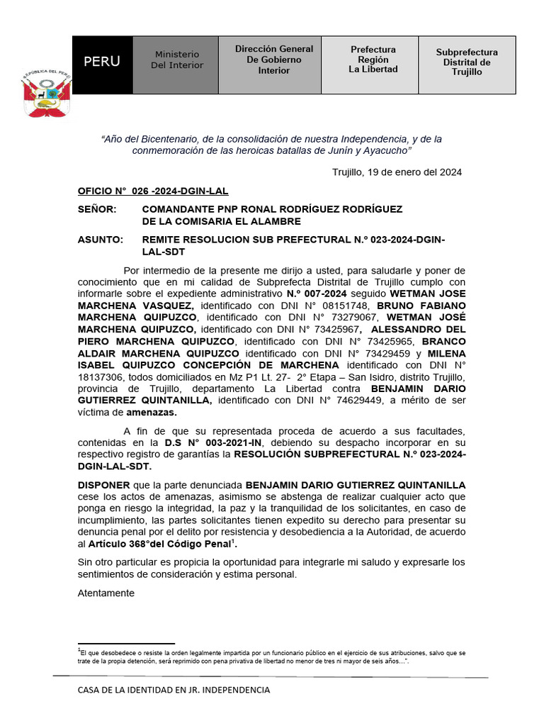 OFICIO COMISARIA AYACUCHO CLRR | PDF | Documento de identidad | Gobierno