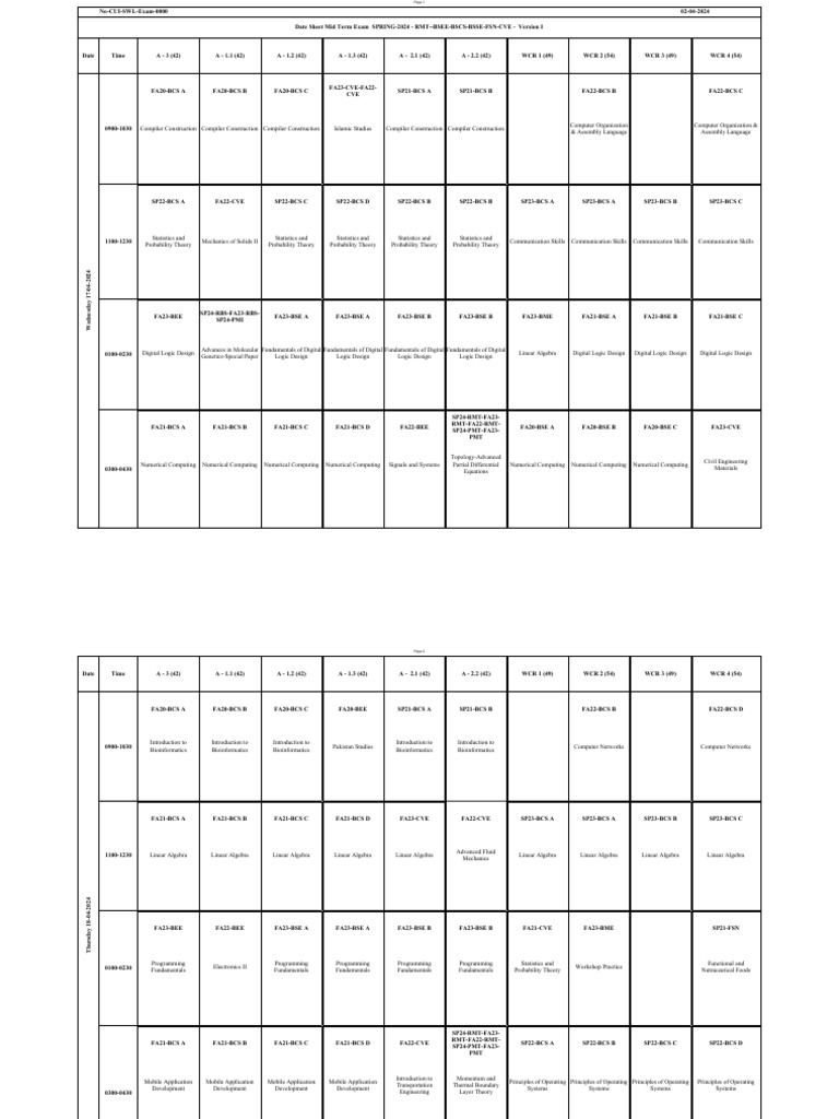 Date Sheet Mid Term Exam SPRING 2024 - Version I | PDF | Mathematical ...